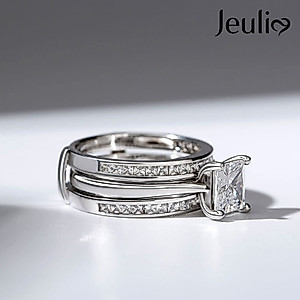 Jeulia 4.37 Carat Engraved Pricess Cut Cubic Zirconia Engagement Ring Diamond Wedding Bands for Women CZ Solitaire Sterling Silver Anniversary Bridal Promise Rings Set (8)