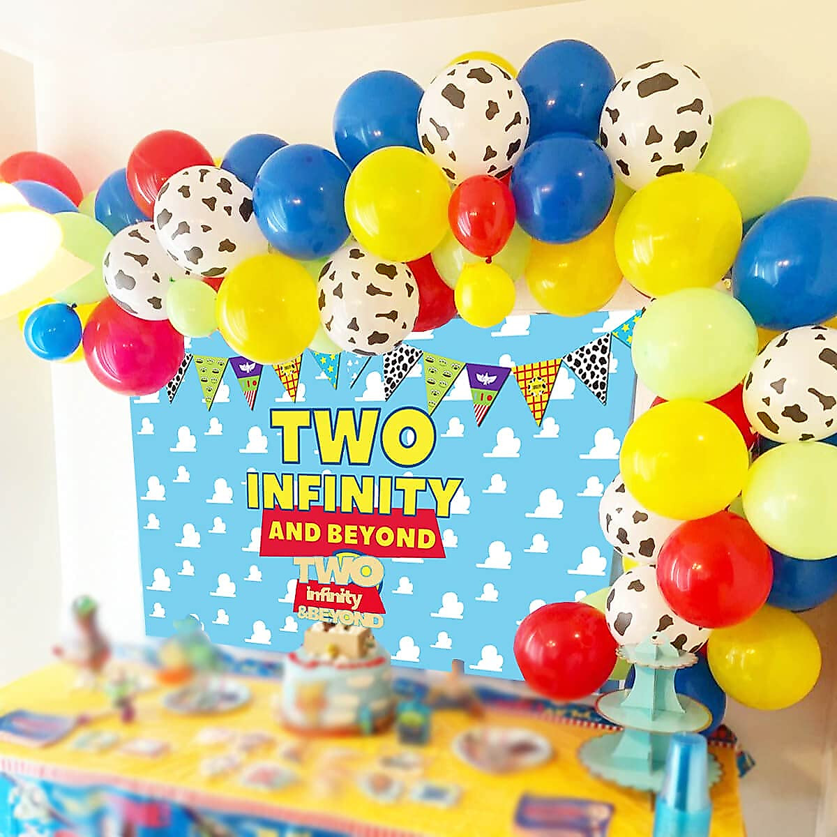 HEETON Two Infinity and Beyond Backdrop Buzz Banner Light Year Cake Topper Toy Inspired Story 2nd Birthday Balloons Garland Party Supplies Decorations Photo Prop for Girl Boy Baby Background