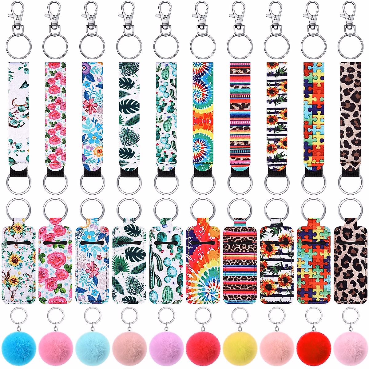 Junkin 40 Pcs Lipstick Holder Keychain Clip on Lipstick Pouch Fluffy Ball Keychain with Keyring (Multiple Style)