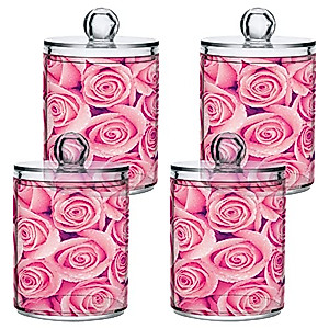 ALAZA 2pcs Vintage Flower Pink Rose Qtip Holder Dispenser 14 oz Bathroom Storage Clear Apothecary Jars Containers Cotton Ball,Cotton Rounds,Floss Picks, Hair Clips, Food