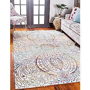 Unique Loom Lyon Collection Colorful Abstract Floral Rainbow Gradient Area Rug, 4 x 6 Feet, Ivory/Pink