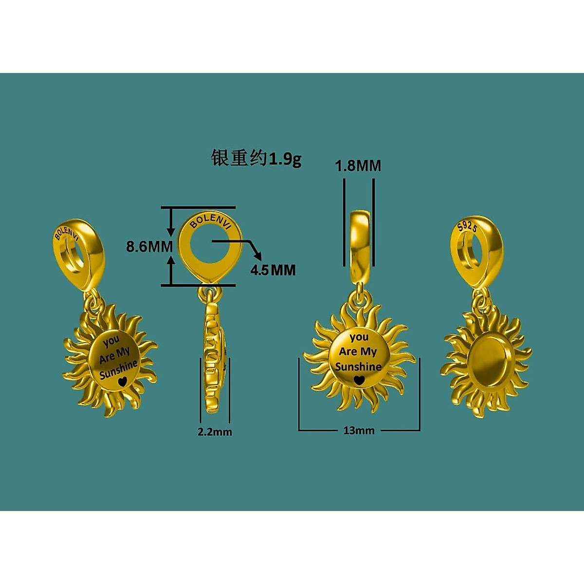 You Are My Sunshine Gold Sun 925 Sterling Silver Charm Bead For Pandora & Similar Charm Bracelets or Necklaces