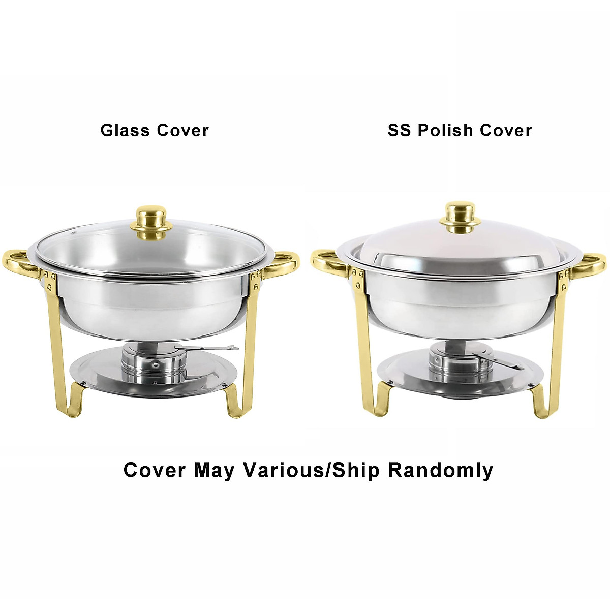 Restlrious Chafing Dish Buffet Set Round Stainless Steel 5QT Chafers and Buffet Warmers Sets for Catering, Complete Chafing Set with Water Pan, Food Pan, Fuel Holder and Lid in Gold Accents, 1 Pack