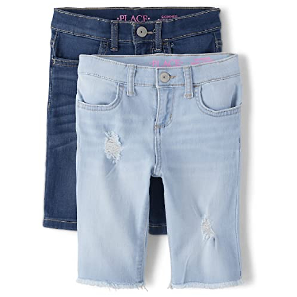 The Children's Place Girls' Denim Skimmer Jean Shorts, 2 Pack, Tessa Wash/Medium Blue Wash, 8