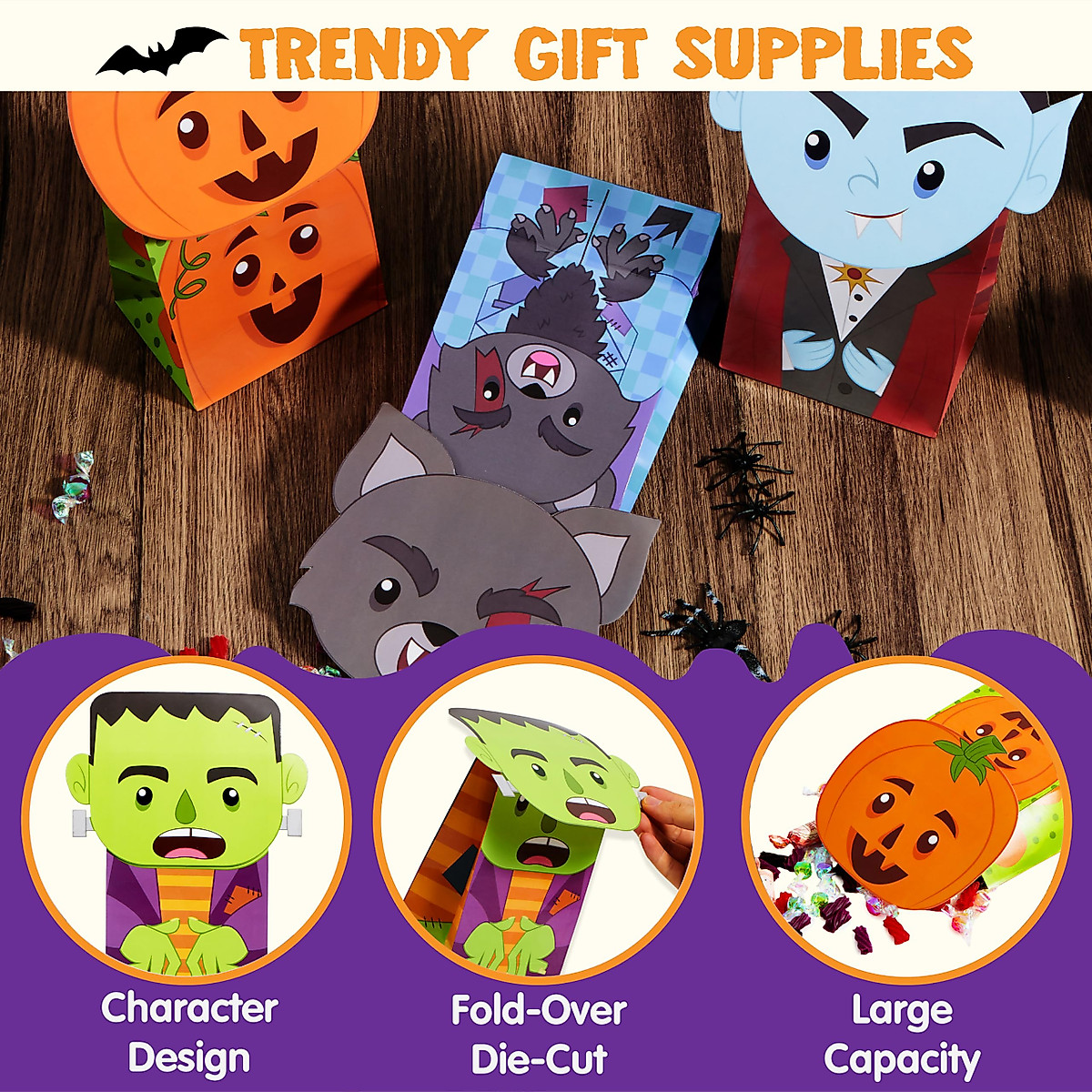 JOYIN 36PCS Halloween Treat Goodies Bags, 5 × 8" Die-Cut Flip Over Candy Box Bulk, Gift Bag for Trick or Treating, 8 Design Non-Candy Trick or Treat Cookies Box for Kids Halloween Party Favor Supplies