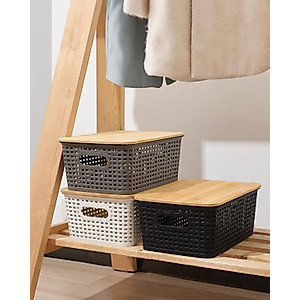 Storage Bins with Bamboo Lids Set of 6 Lidded Storage Container Plastic Baskets Organizer Bins for Organizing Kithen Room Bedroom Office Closet, Sturdy(Grey)