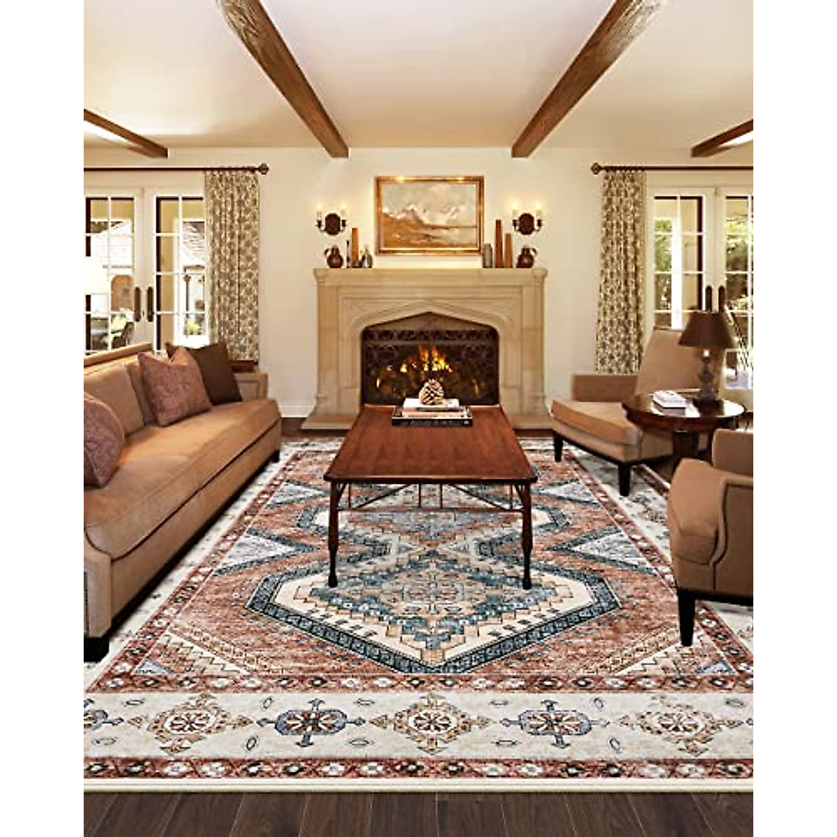 Area Rug Living Room Rugs - 9x12 Large Machine Washable Boho Carpets Vintage Persian Tribal Anti Slip Backing Thin Carpet for Under Dining Table Bedroom Farmhouse Home Office Red