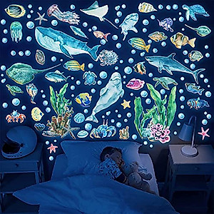Glow in The Dark Ocean Fish Wall Decals,Under The Sea Wall Stickers Decals Decor Luminous Sea Life Animals Waterproof Stick Wall Decal for Kids Boys Bedroom Watercolor Ocean Creatures Decor (Ocean)