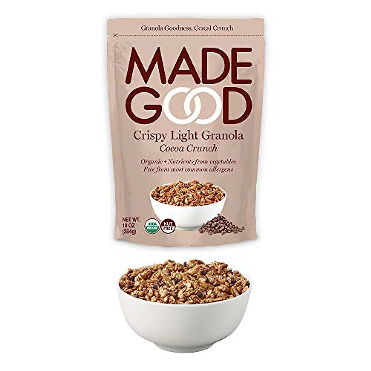 Made Good Crispy Light Granola NutFree Gluten Free, Allergy Friendly, USDA Certified Organic Ingredients, Vegan, NonGMO Nutrients from a Full Serving of Vegetables, Cocoa Crunch, 10 Ounce (Pack of 1)