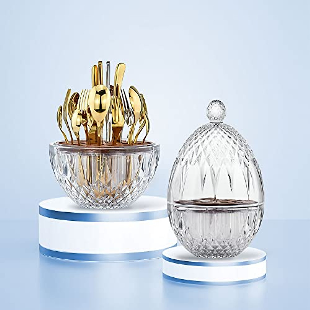 Silverware Set Flatware 24-Piece for 6,Glass Egg-shaped Organizer，Stainless Steel Tableware Cutlery Set，Kitchen Utensils，Spoon and Fork Set,Dishwasher Safe