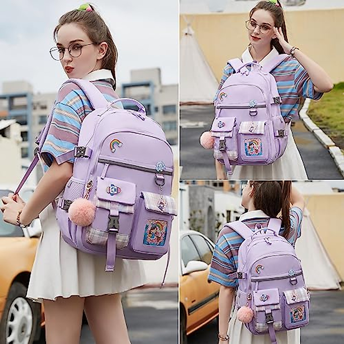 Hey Yoo Cute School Backpack for Girls Backpack for School Bag Kids Backpacks for Girls Kawaii Bookbag for Teen Girls (Purple)