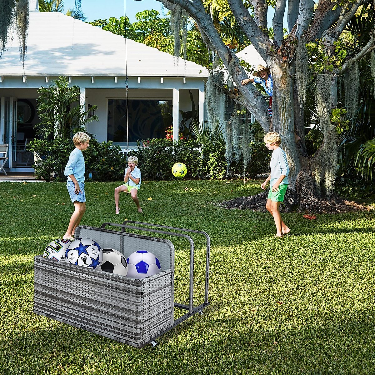 IDEALHOUSE Outdoor Storage, Patio Poolside Float Storage Basket,Double Layer Poolside Float Storage, Storage Box, PE Rattan Outdoor Pool Caddy with Rolling Wheels for Floaties,Beach-Sturdy,Grey