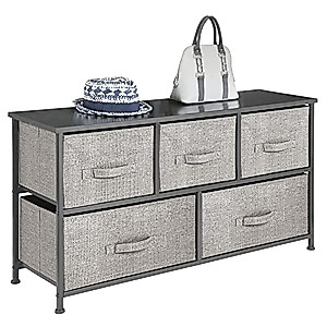 mDesign 21.65" High Steel Frame/Wood Top Storage Dresser Furniture Unit with 5 Removable Fabric Drawers - Wide Bureau Organizer for Bedroom, Living Room, Closet - Lido Collection, Black/Graphite Gray