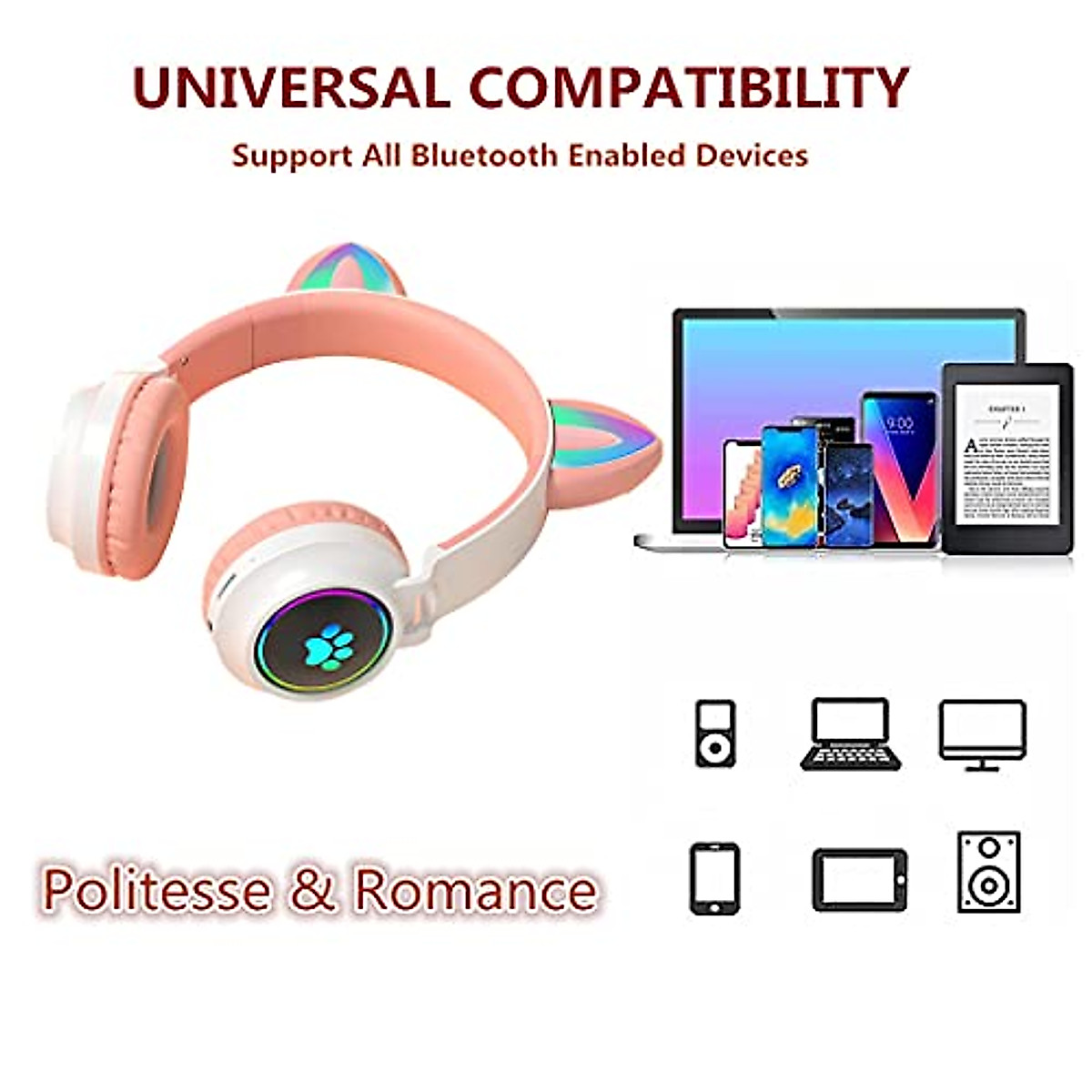 Pink Stereo Gaming Headset with Mic, 3.5MM Sound Cat Ear Wireless Foldable Bluetooth Headphones Lightweight Self-Adjusting Over Ear Headphones for PC, TV, Phone,Online Distant Learning