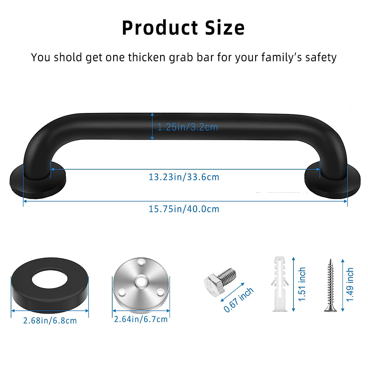 Supwish Handicap Grab Bars for Shower 16 Inch Black, 2 Pack Bathroom Grab Bars for Wall Toilet Bathtub, Shower Bars Safety Hand Rail Support Handle - Shower Grab Bars for Seniors Elderly Disabled