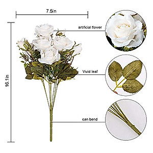 Tifuly Roses Bouquet Artificial Silk Flowers,2PCS Realistic Fake Roses Artificial Flowers with 9 Branch 12 Roses Heads Arrangement for Wedding Party Home Office Decoration (White)