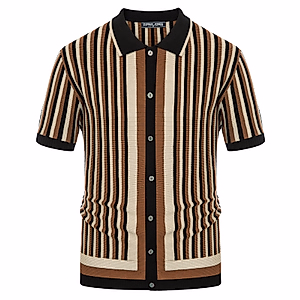 Mens 1950s Striped Polo Shirts Vintage Short Sleeve Button Down Polos 70s Italian Stylish Knit Shirt Retro Fashion Clothes Black-Coffe