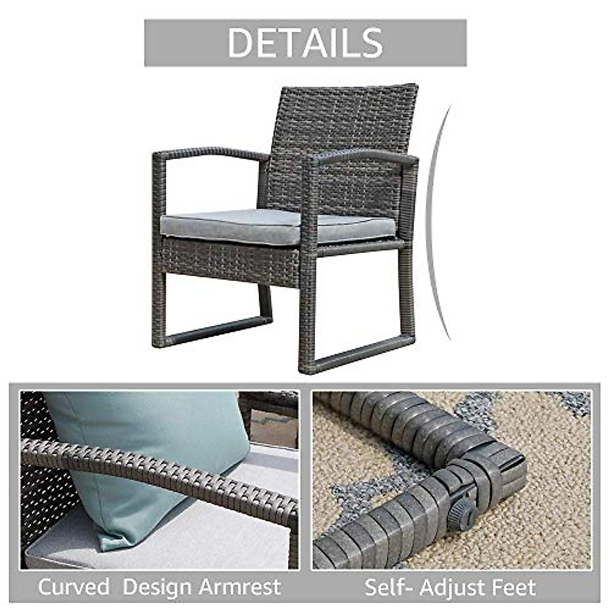 Patiorama 3 Pieces Outdoor Patio Furniture Set, Outdoor Wicker Conversation Set, Patio Rattan Chair Set, Modern Bistro Set with Coffee Table, Garden Balcony Backyard Poolside (Light Gray)
