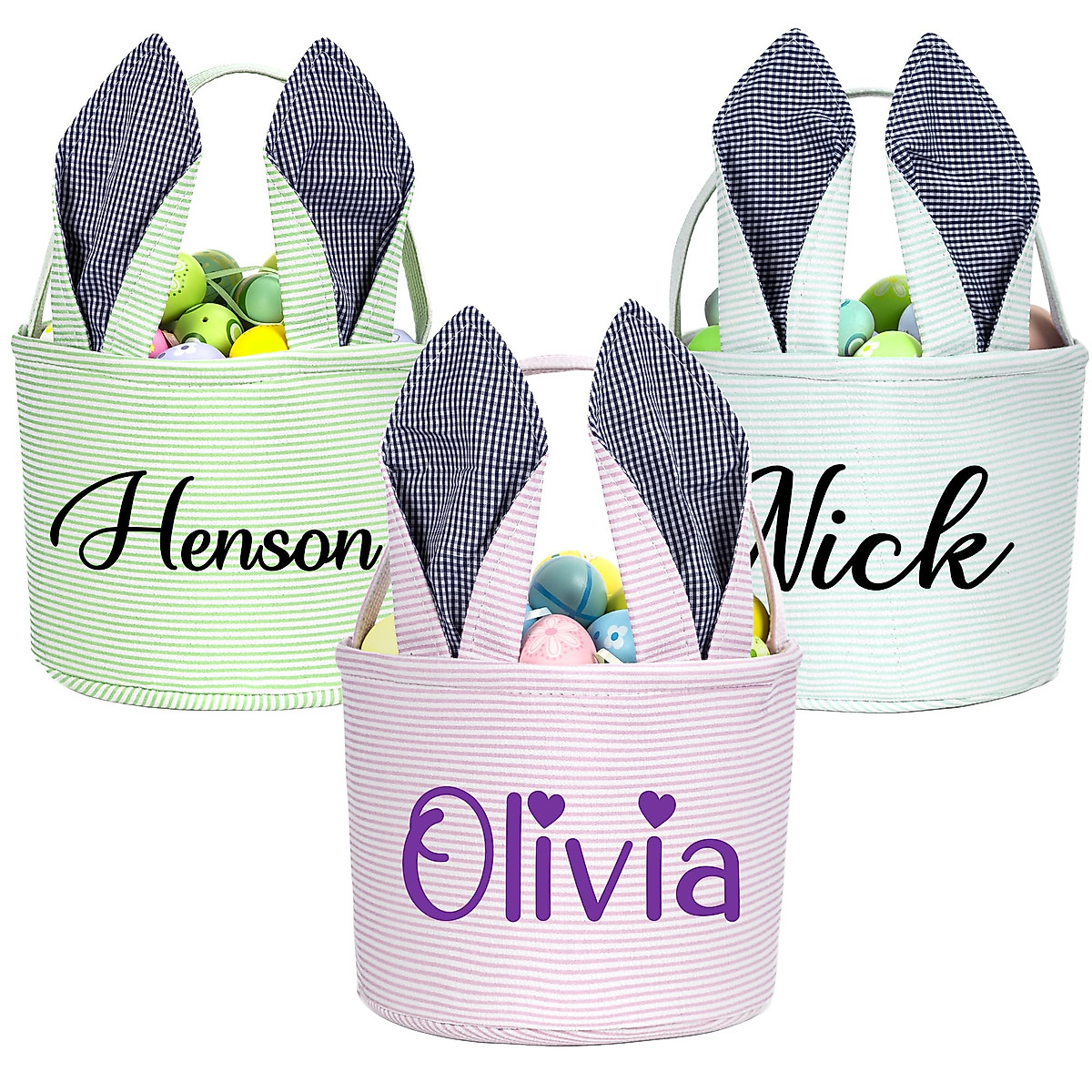 Personalized Easter Basket for Boys Girls, Seersucker Egg Hunt Bunny Baskets for Kids, DIY Bunny Bucket Tote Bags for Easter Decoration Candy Gifts Storage