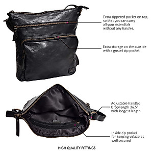Real Leather Crossbody Bags Purses for Women Shoulder Handbags Crossover Handmade Stylish Trendy Pocketbook (Black Washed Vintage)