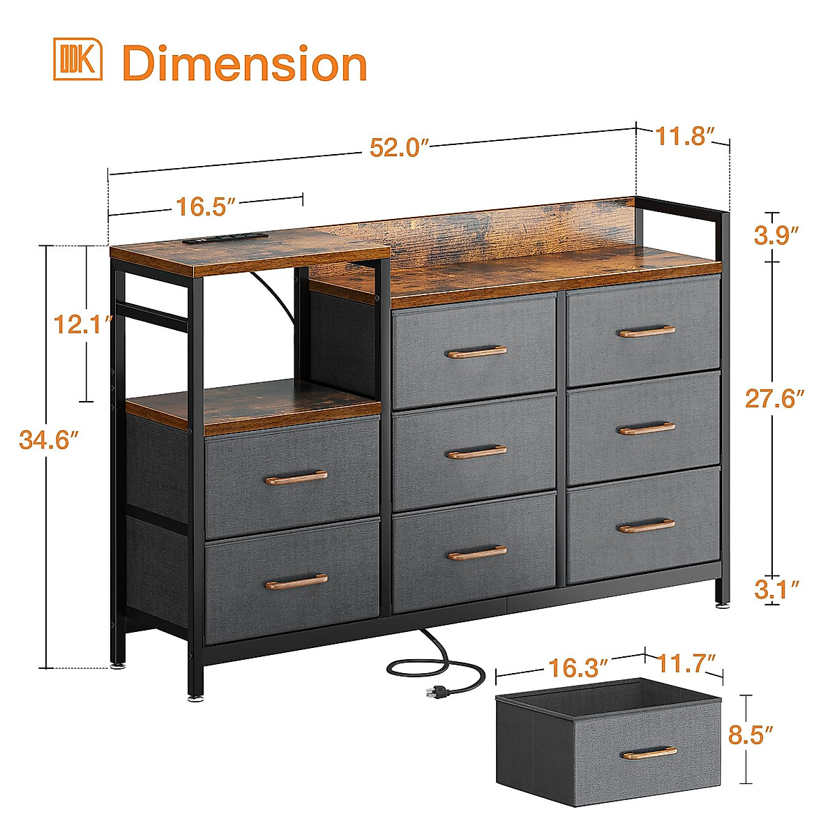 ODK Dresser with Charging Station, 52-Inch Long Dresser for Bedroom with 8 Storage Drawers, Fabric Dressers Chests of Drawers with Sturdy Steel Frame and Wooden Top, Vintage and Dark Grey