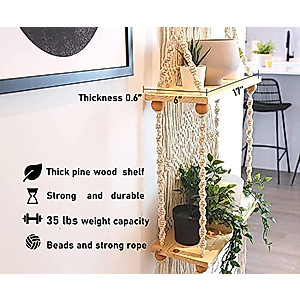 Induslyfe Tier 3 Tier 2 Macrame Wall Hanging Shelf Rack for Hanging Wall Decor Boho Shelf Wall Decor Plant Shelf, Boho White Hanging Shelf Woven Rope for Bedroom, Book