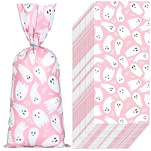 JarThenaAMCS 150Pcs Halloween Cellophane Bags with 200Pcs Twist Ties Pink Ghost Gift Bags Trick or Treat Candy Goodie Party Favor Bags for Halloween Party Favor Supplies
