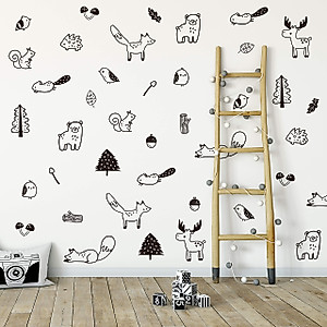 The Boho Design Forest Animal Wall Decals Peel and Stick for Kids, Baby Bedroom Nursery and Living Room, Vinyl Wall Stickers Decor, Original Artist Design. 36 pcs Adhesive Nordic Style (Black)