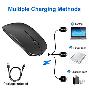 XBOSS X4 Ultra Thin 2.4GHz and Bluetooth Wireless Rechargeable Optical Mouse Computer PC Mice with USB Adapter for Mac Windows Linux Mouse Wireless (Black with Bluetooth + 2.4Ghz)