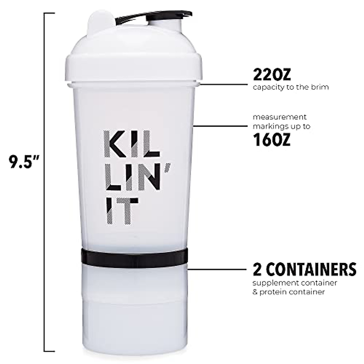 [2 Pack] 20-oz Shaker Bottle with Attachable Storage Compartments (White & Black - 2 Pack) | 20 Ounce Protein Shaker Cup with Motivational Quotes | Attachable Container Storage for Protein or Supplements with Mixing Agitators