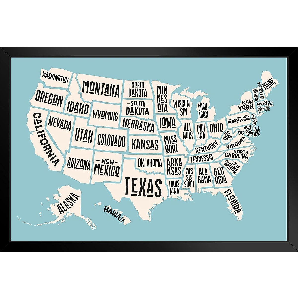USA United States Map States With State Names Decorative Travel World Map with Detail Map Posters for Wall Map Art Wall Decor Geographical Illustration Tourist Black Wood Framed Wall Art 20x14