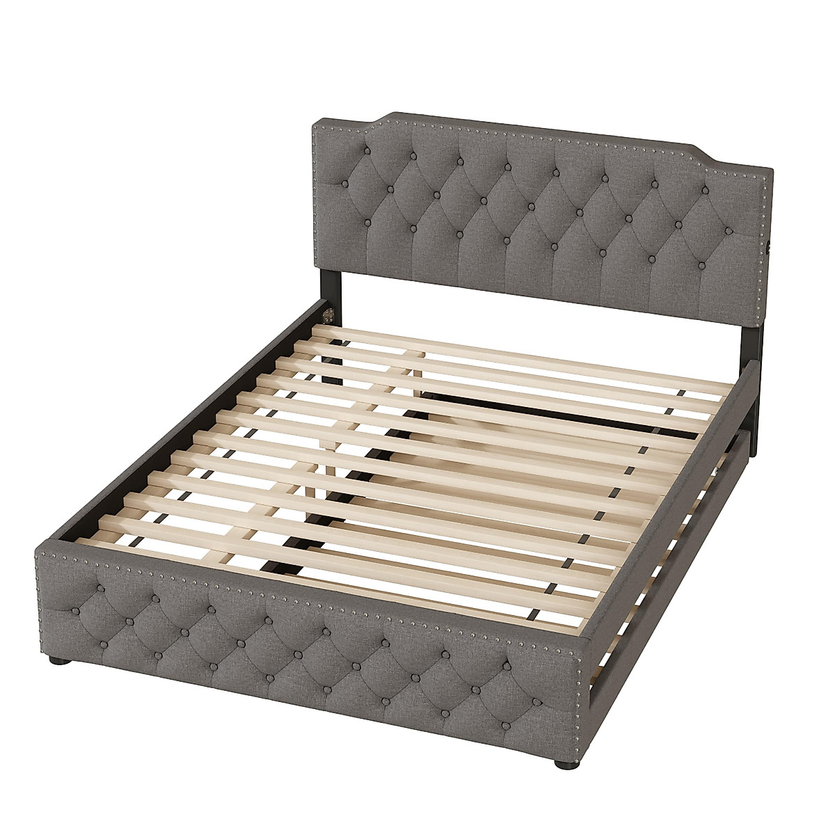 JIVOIT Queen Size Upholstered Platform Bed with Twin Trundle and 2 Sets of USB Ports on Each Side, Linen Fabric Upholstered Bed with Button-Tufted Headboard and Footboard (Gray,Trundle,USB Ports)
