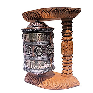 Large Tibetan Prayer wheel with wood frame 8 Auspiciouse symbol and Om Mane Pad mei hum, Hang it or sits in flat surface,handcrafted by Himalayan artisan in Nepal