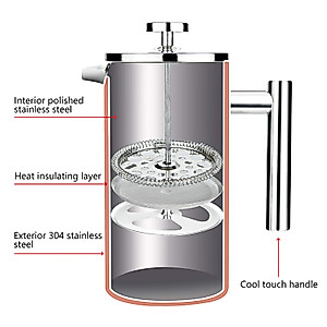vitasunhow Insulated French Press Coffee Maker Stainless Steel Double-Wall Metal 3 Level Filtration System, Rust-Free Dishwasher Safe