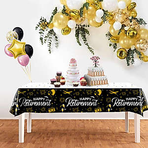 Retirement Decorations, 3pcs Black and Gold Happy Retirement Tablecloth, Plastic Disposable Rectangle Table Cover for Retirement Party Favor Decorations- 54" x 108"
