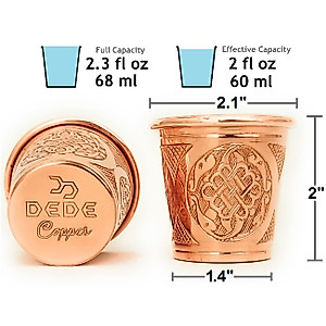 DEDE Copper - 2023 CC Series 2 oz (Set of 2) Tequila/Vodka Shot Glasses, Mini Moscow Mule Cup, Handmade Unlined Uncoated Thickest Pure Solid Copper mini Tumblers for Cocktails (Engraved Art)