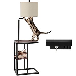 hykolity Floor Lamp W/ End Table and USB Charging Port, Modern Bedside Nightstand Lighting, Walnut Attached Side Table W/ Shelves for Living Room, Bedroom, Guest Room, Bulb Sold Separately