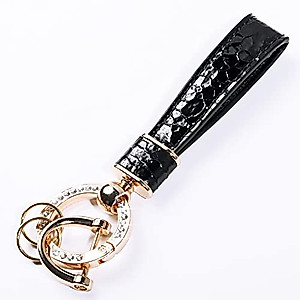 VAGURFO Leather Car Keychain,Key Fob Keychain Holder with 3 Keyrings, Anti-lost D-ring and Bling Metal Clip (Black)