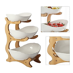 AIWFL 3 Tier Fruit Basket White Fruit Bowl with Bamboo Holder Fruit Ceramic Serving Tray Dessert Serving Stand for Candy Fruits Snacks Nuts Storage Holder