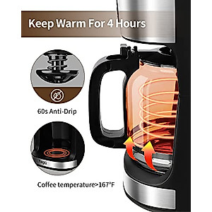 Teglu Coffee Maker with Grinder 12-Cup, Grind and Brew Coffee Machine Programmable with Warming Plate, Automatic Drip Coffee Pot with 60 oz BPA Free Glass Carafe, Black, 950W