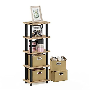 FURINNO LAci 4-Bins System Rack, Oak/Black/Light Brown