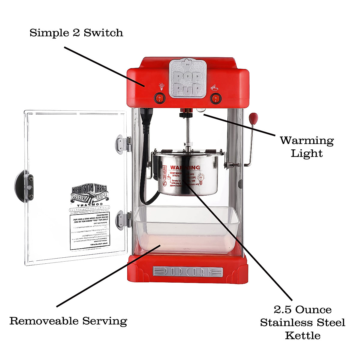 Pop Pup Popcorn Machine – 2.5 Oz Kettle with 12 Pack of Pre-Measured Popcorn Kernel Packets, Scoop, and Serving Cups by Great Northern Popcorn (Red),83-DT6031