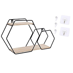 Houseables Hexagon Shelves, Wall Hanging, 16”x9”x4”, Small Wood, Black Iron, Metal Wire, Boho Geometric Honeycomb Shelf for Bathroom, Bedroom, Kitchen, Office, Storage, Plants, and Home Decor