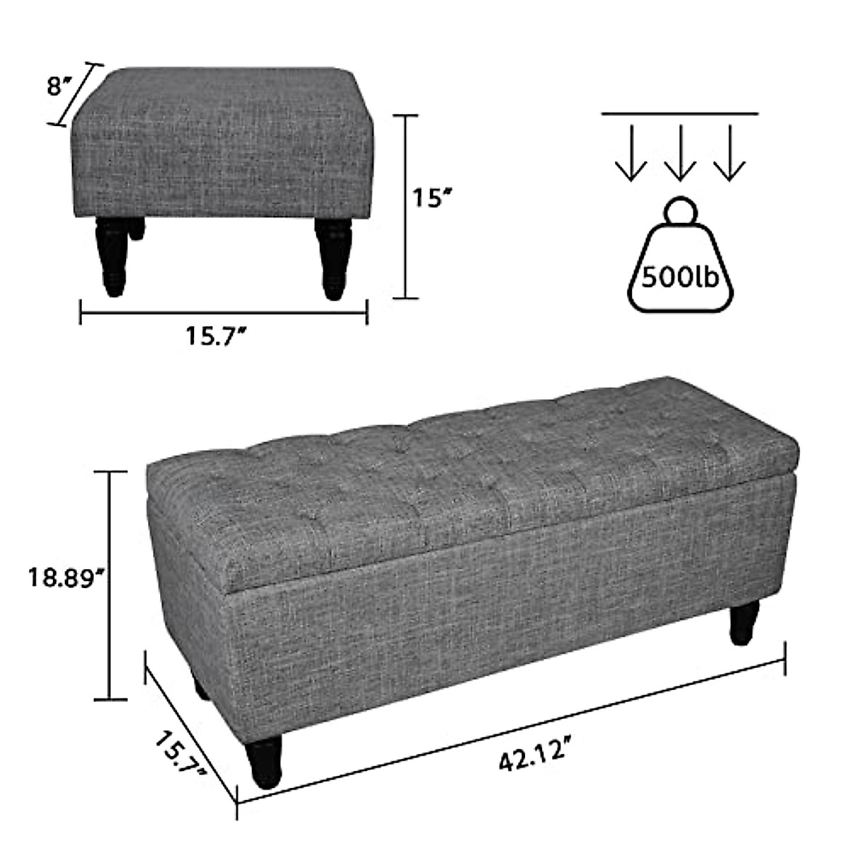 Storage Ottoman Bench, End of Bed Bench for Bedroom, Button Tufted Bench with Storage for Entryway, Living Room, Hallway, Large Storage Bench Foot Rest (Dark Grey)