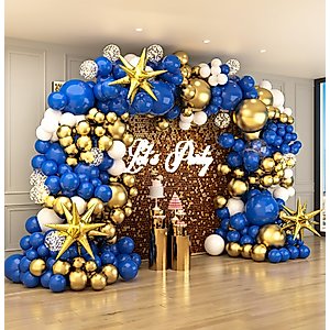 PARTYNOW 144Pcs Royal Blue and Gold Balloons Garland Arch Kit with Explosion Star Balloons 5/10/12/18in Blue White Gold Balloons for 2024 Graduation New Year Wedding Birthday Party Decorations