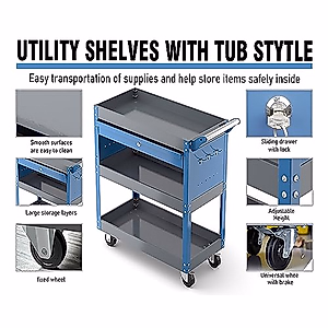 AIRAJ 3 Tier Rolling Tool Cart on Wheels,Metal Heavy Duty Mechanic Cart with Drawers and Pegboard,440 LBS Capacity Industrial Utility Cart,Tool Storage Cart for Garage,Warehouse,Blue-Black