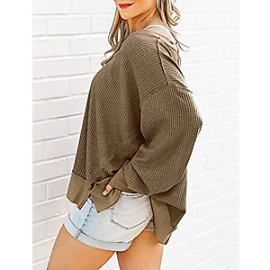 ASTANFY Womens Long Sleeve Sweatshirts Waffle Knit Shirts V Neck Solid Color Pullover Casual Loose Fit Tunic Tops Brown