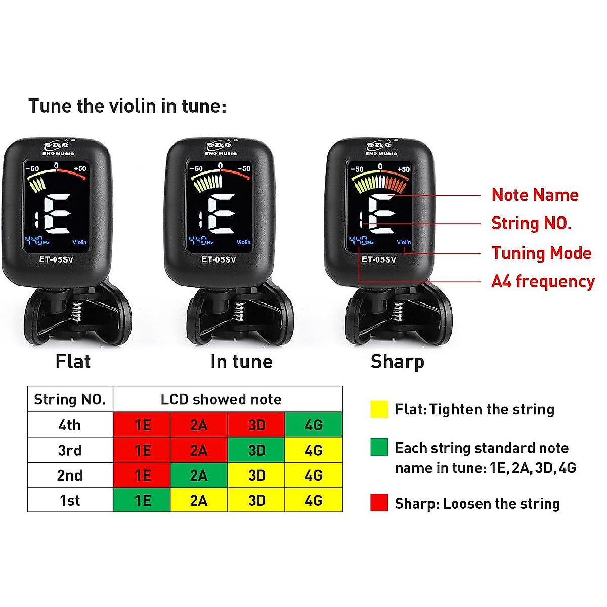 ENO MUSIC Professional Violin Viola Tuner, Colorful LCD Display Easy Control Clip on Accurate Violin Tuner