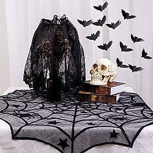 Sunnyglade 8 Pack Halloween Spider Cobweb Lace Tablecloth Set,Fireplace Mantel Scarf & Lace Table Runner & Round Table Cover & Spider Lampshade & Rectangular Placemat for Halloween Party Decorations