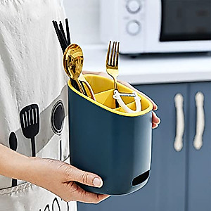 spolis Kitchen Utensil Holders Cutlery Drying Rack for Counter with Catch Pan and Drain Hole, Anti Tilting Kitchen Silverware Drainer Basket Sink Caddy for Forks, Knives, Spoons, Chopsticks-Blue